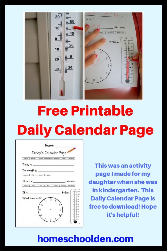 Free Daily Calendar Page (Ages 4-7) - Homeschool Den