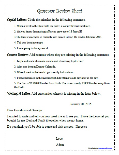 Grammar Review Sheet - Capital Letters, Commas, Letters - Homeschool Den