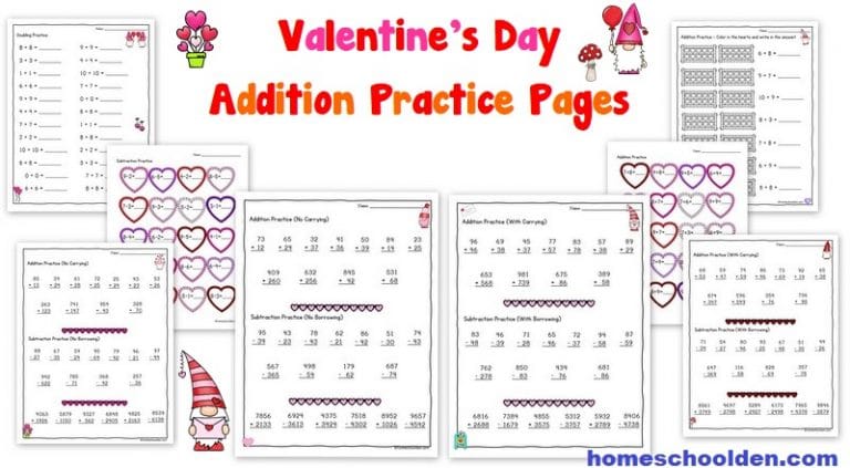Valentine's Day Addition Worksheets - Homeschool Den